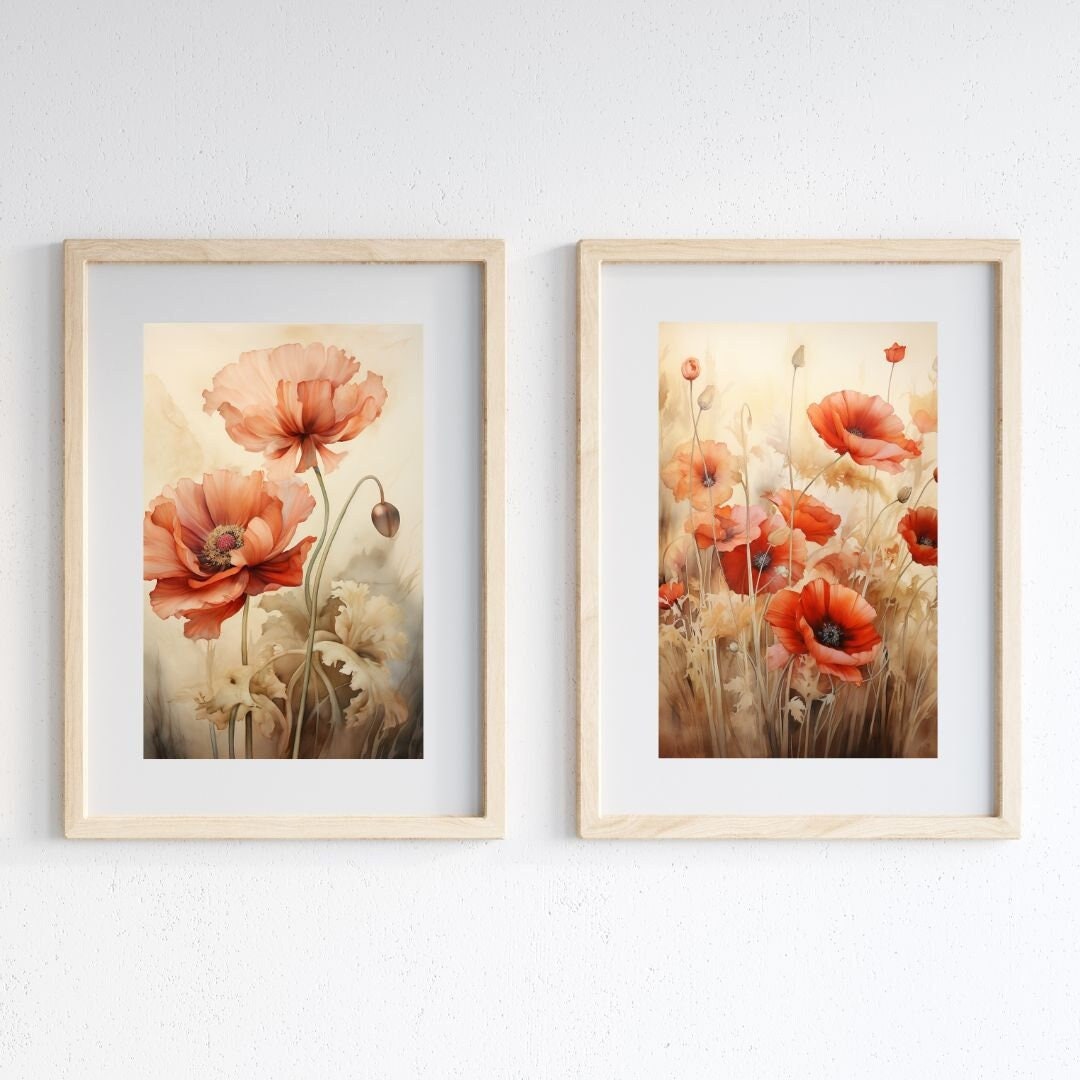 Poppy Flowers Print Set of 2, Set of 2 Art Prints, Vintage Wall Art ...
