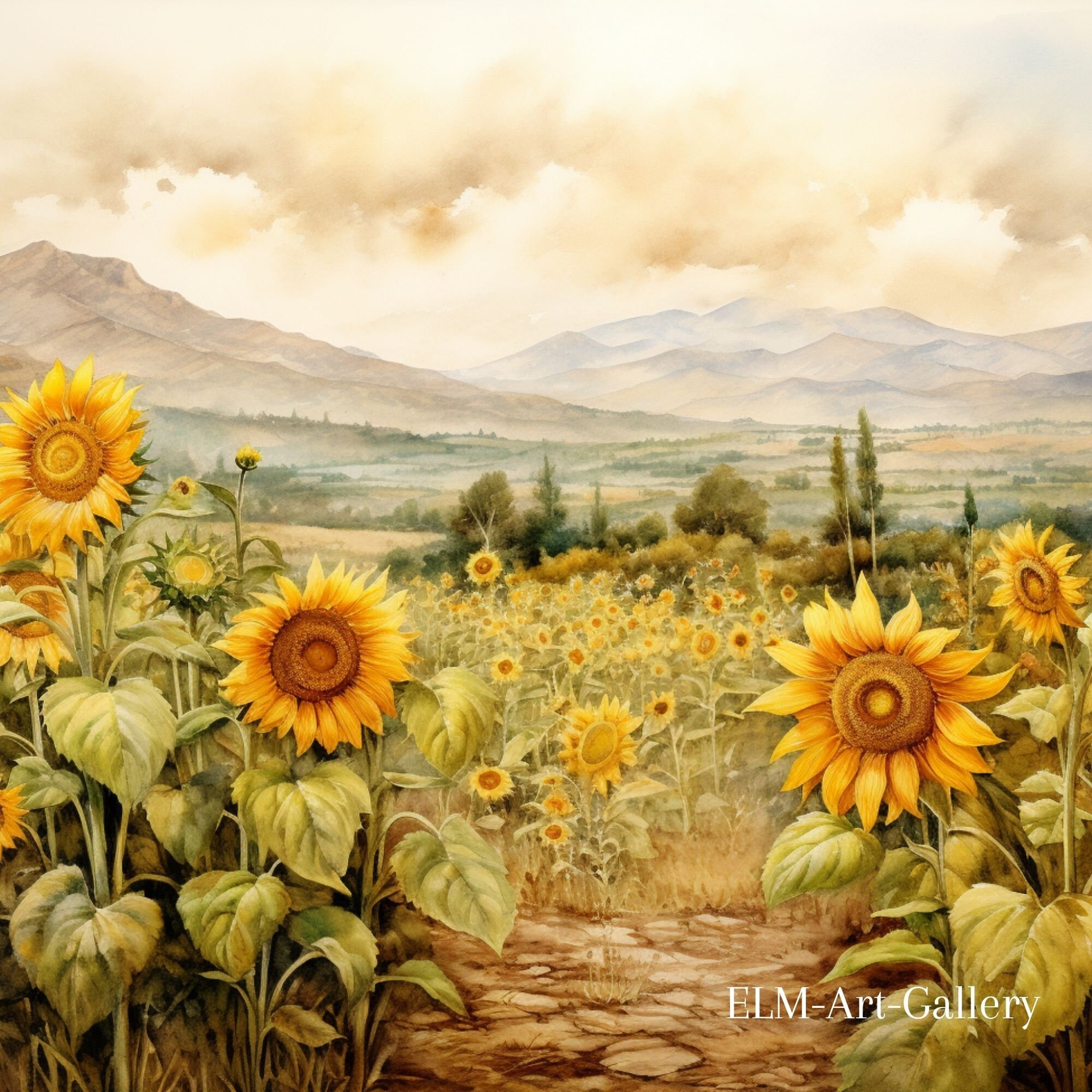 Sunflower Field Print Watercolor Landscape Painting - Etsy