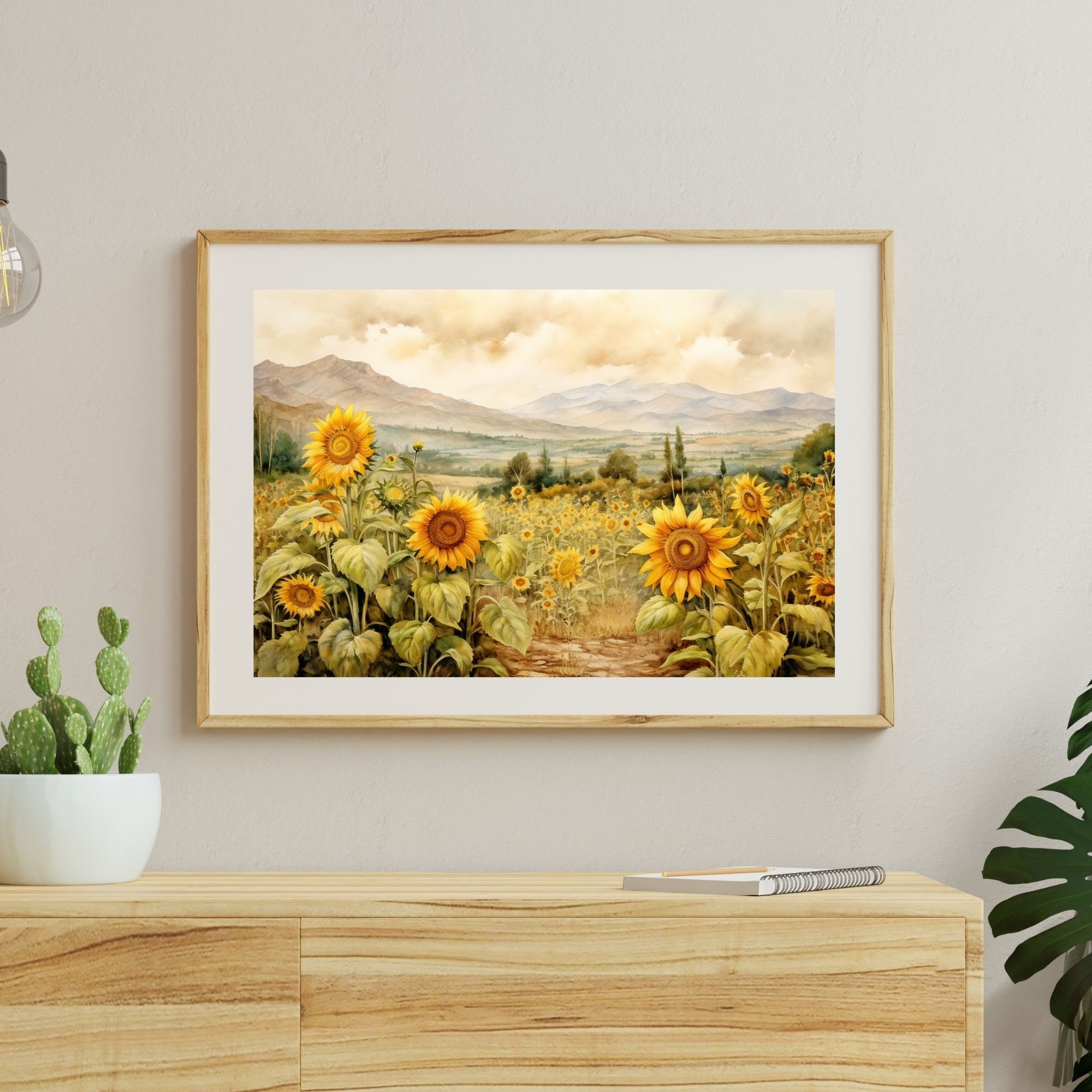 Sunflower Field Print Watercolor Landscape Painting - Etsy