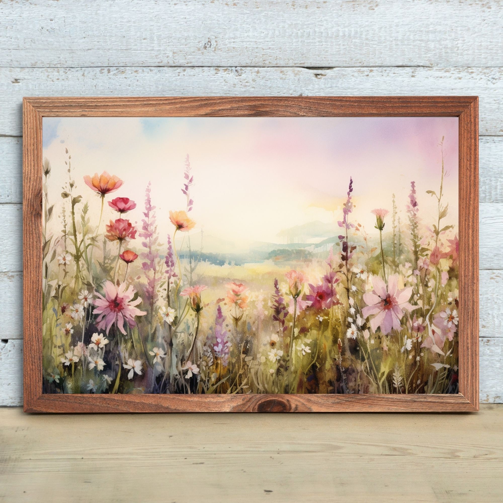 Wildflower Field Print, Watercolor Landscape Painting, Farmhouse Décor ...
