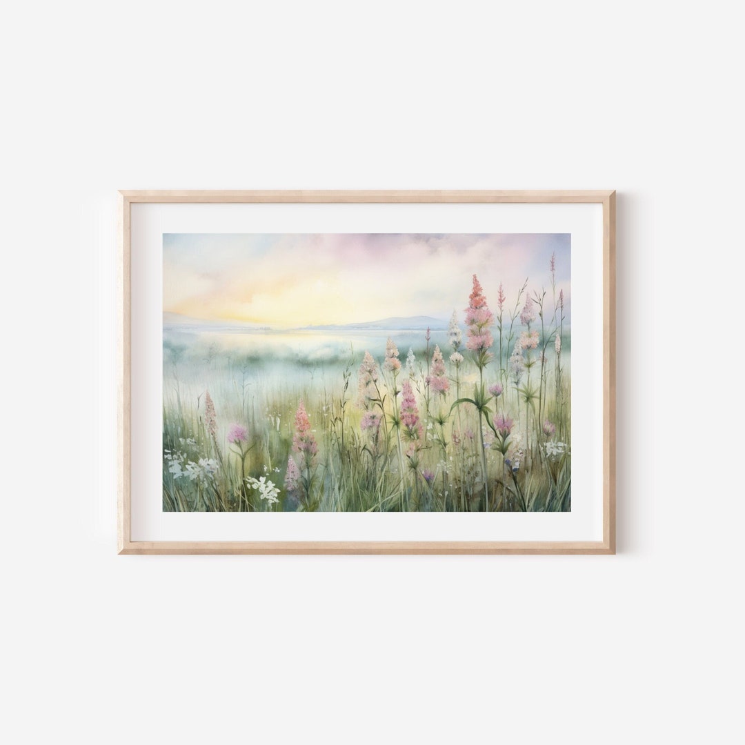 Wildflower Field Print, Watercolor Landscape Painting, Farmhouse Décor ...