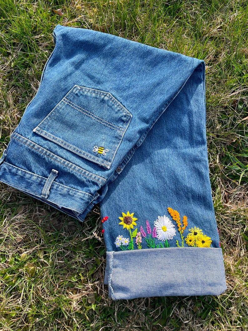 Floral Jeans Hand Embroidered With Bumble Bees - Etsy