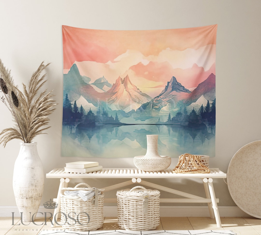 Mountain Tapestry Pink Dorm Room Decor College Tapestry Boho Watercolor ...