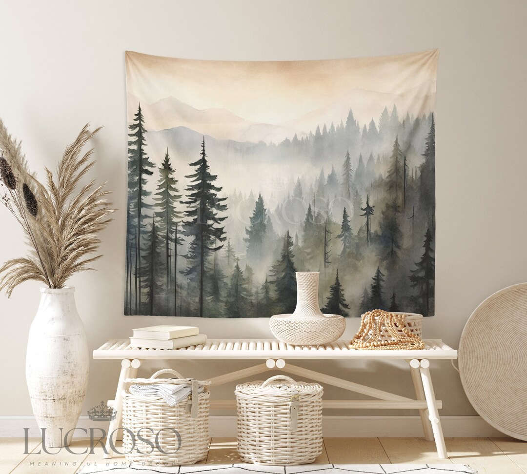 Forest Tapestry Mountain Watercolor Nature Tapestry Forest Art Mountain ...