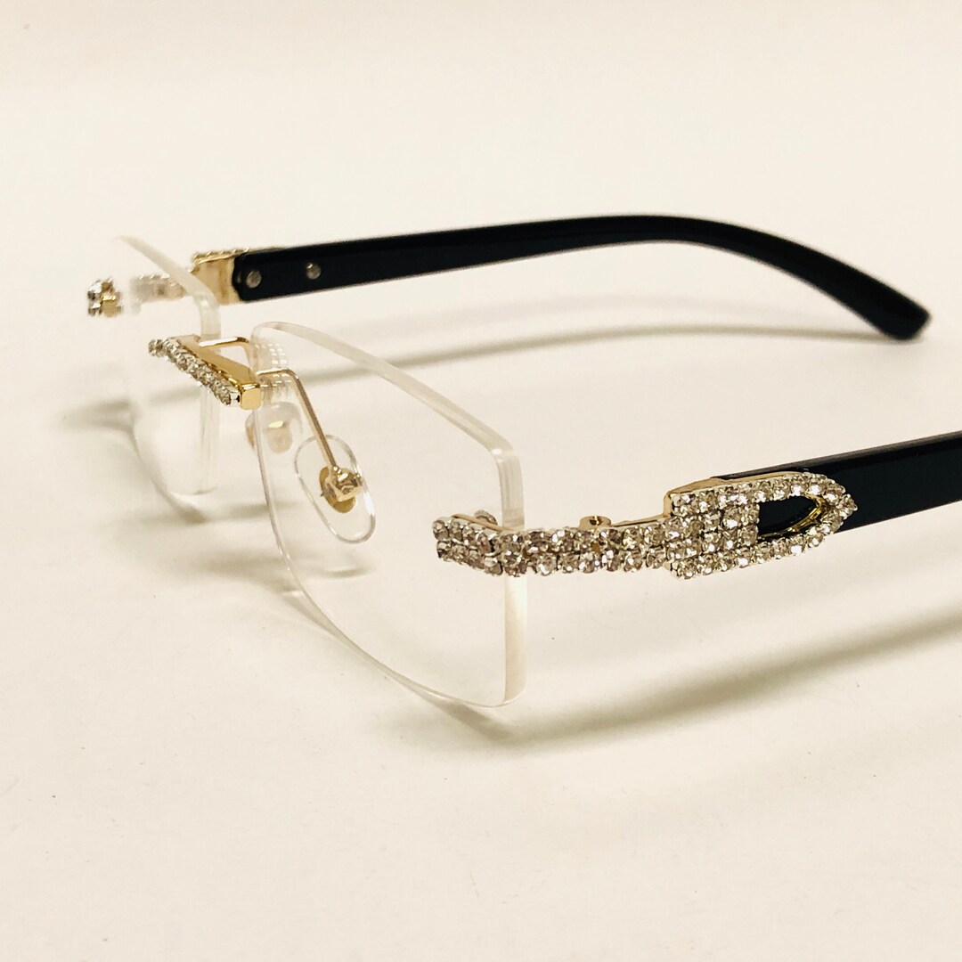 Mens Sunglasses Clear Lens Gold Rectangular Fashion Designer Rhinestone Bling Small Classic Eye
