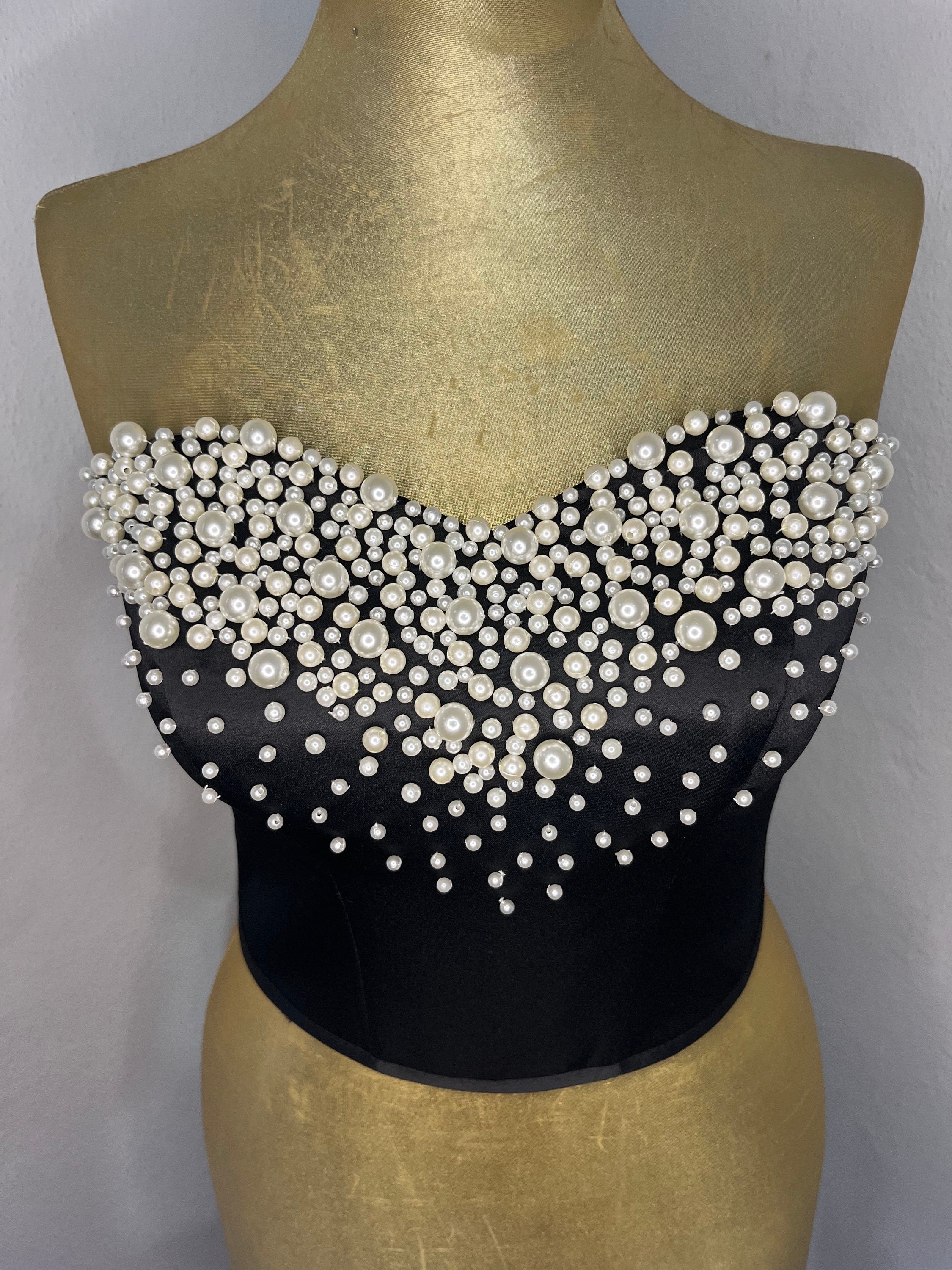 Pearl Embroidered Satin Bustier With Heart Neckline, Siyah Corset Tops ...