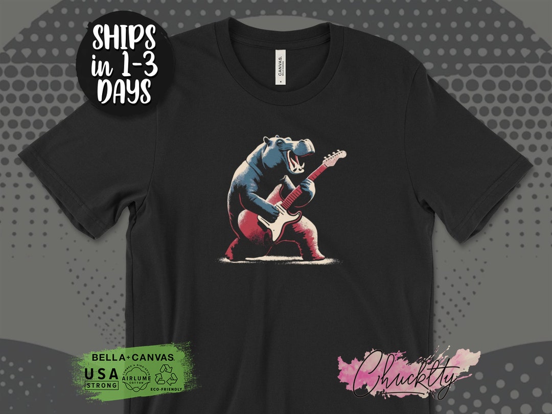 Rocking Hippo T-shirt, Cool Animal Guitarist Tee, Funny Hippo Shirt ...