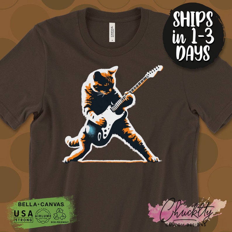 Rocking Electric Guitar Cat Tshirt, Funny Musician Cat Animal Tee, Band ...