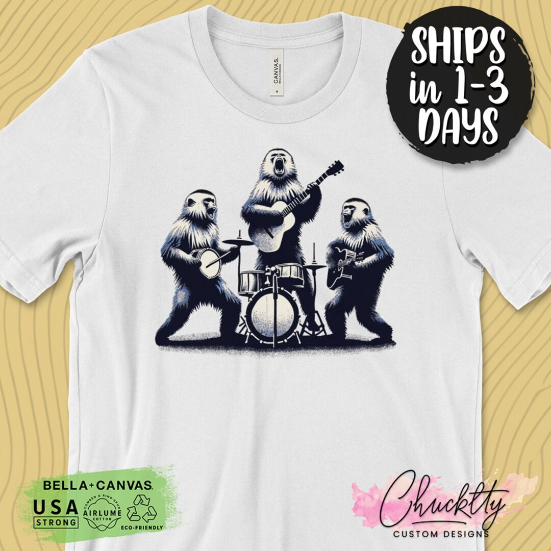 Funny Monkey Band T-shirt, Cool Animal Musician Tee, Drum Guitar Banjo ...