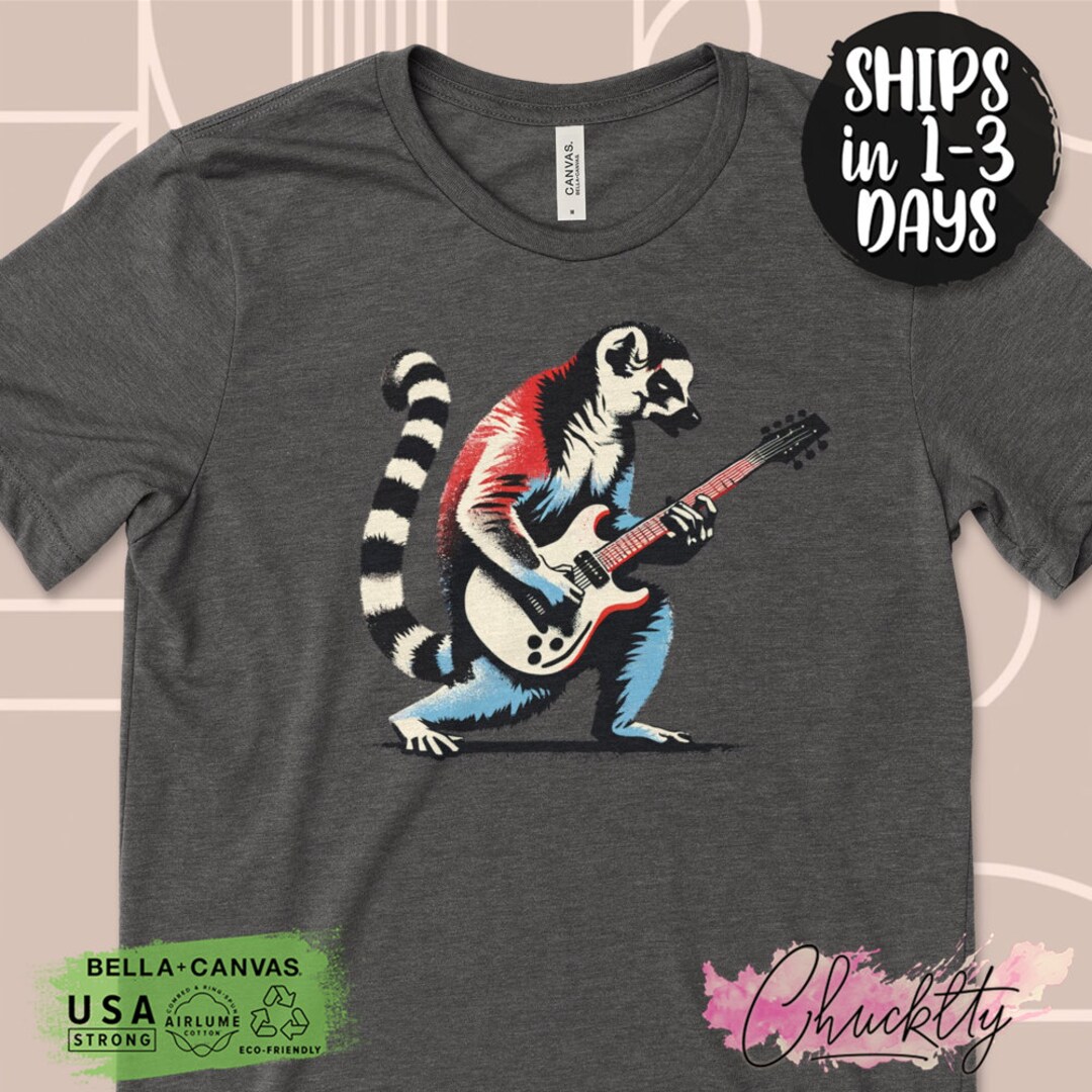 Rock Music Lemur T-shirt, Guitar Playing Animal Graphic Tee, Unisex ...