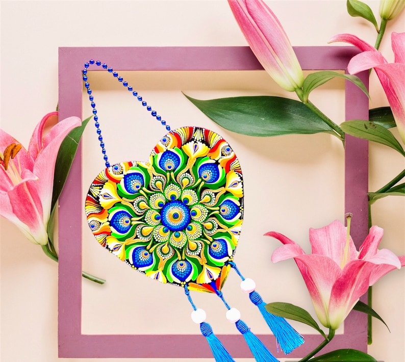 Heart Mandala Art With Blooming Flowers, Spring Boho Wall Decor ...