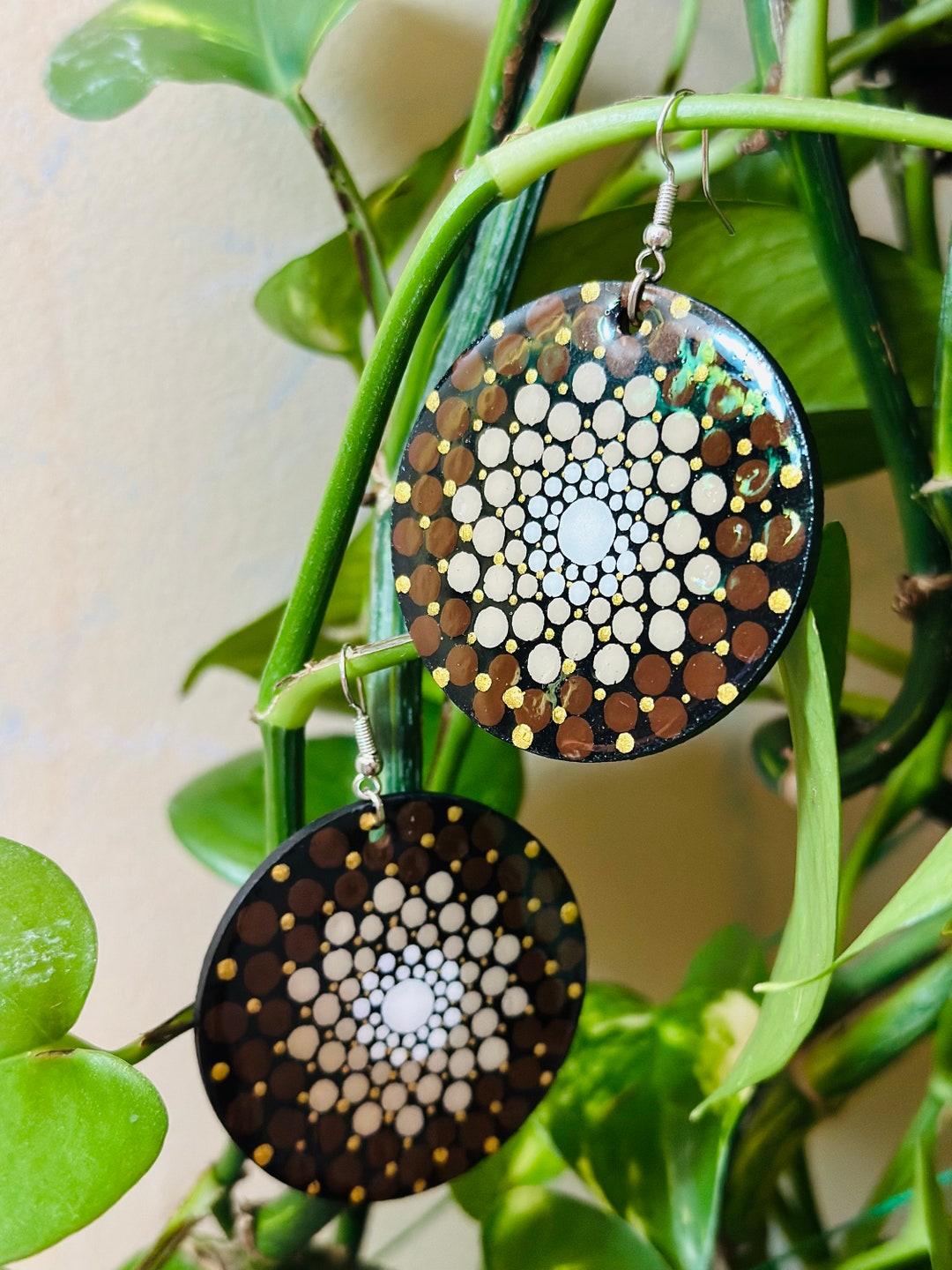 Bohemian Dot Mandala Wood Dangle Light Weight Earrings Unique Hand ...