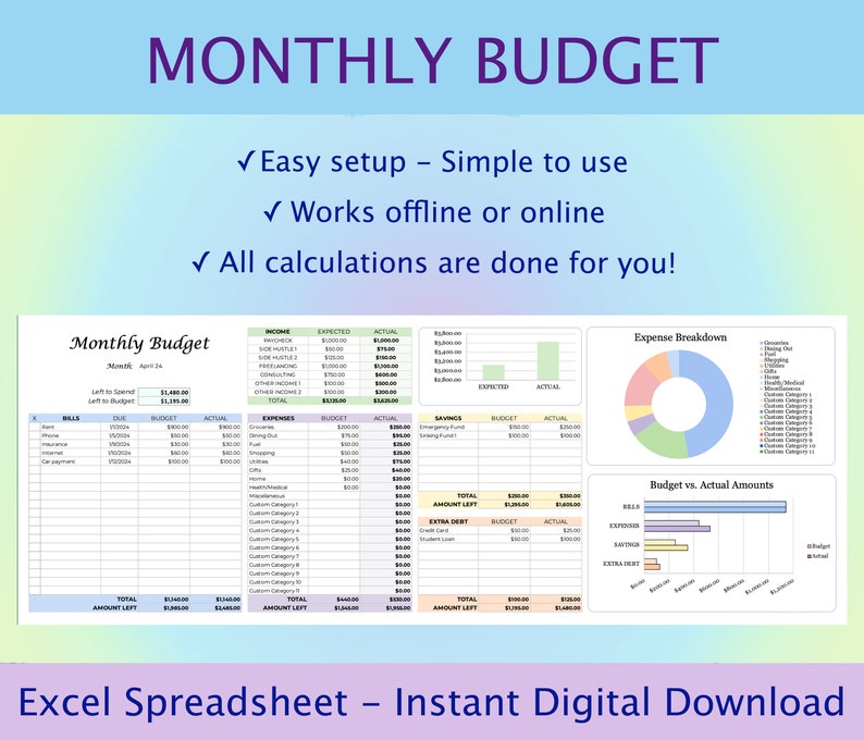 Monthly Budget Excel Spreadsheet Template | Simple Budget Planner ...