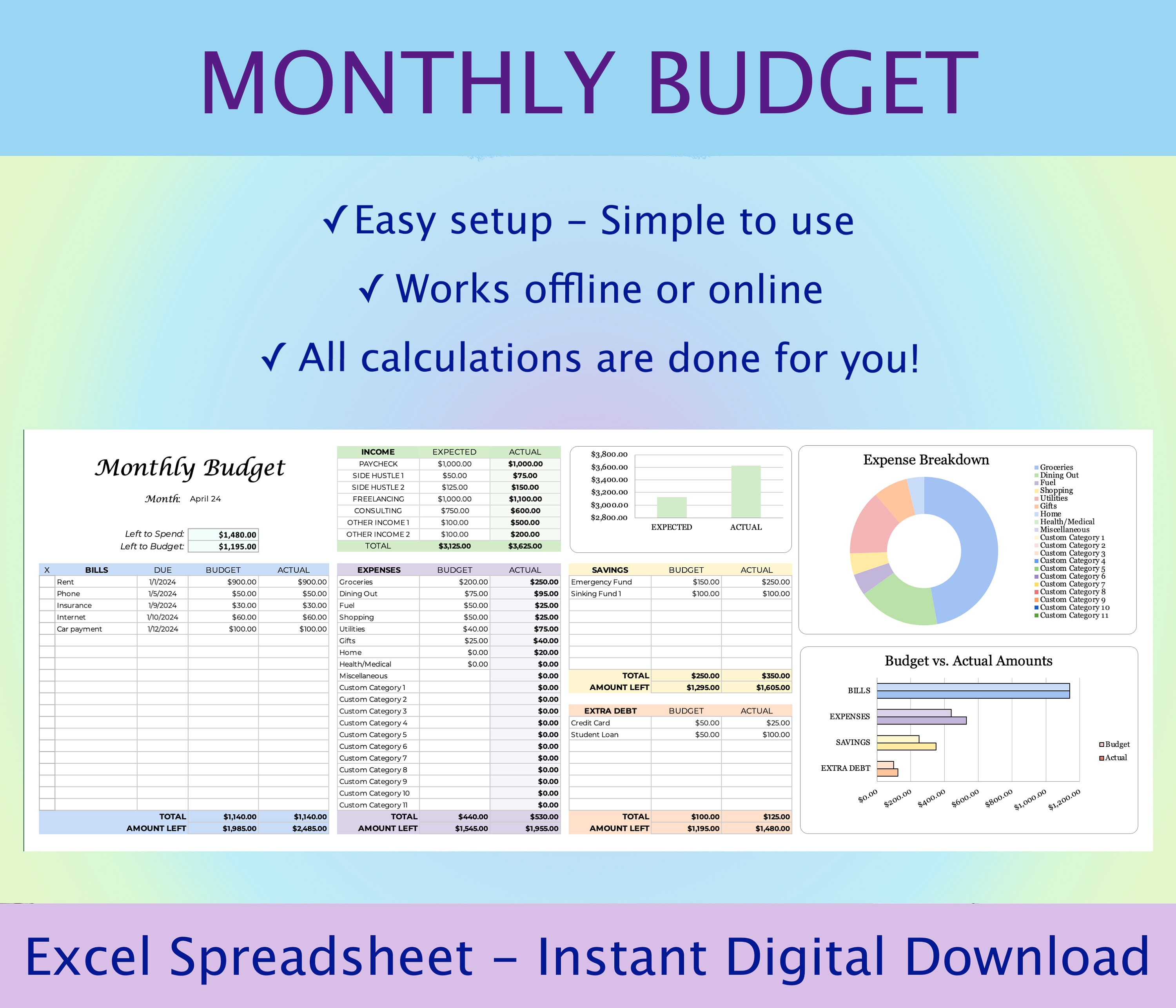 Monthly Budget Excel Spreadsheet Template | Simple Budget Planner ...