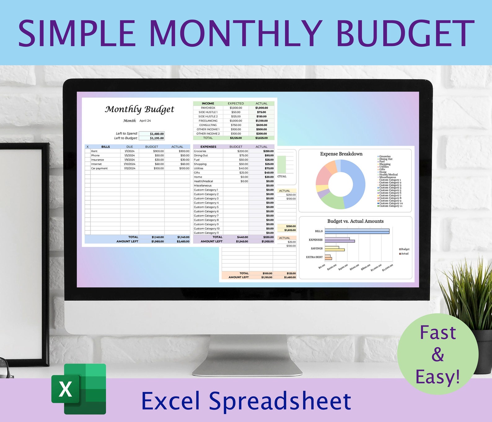 Monthly Budget Excel Spreadsheet Template | Simple Budget Planner ...