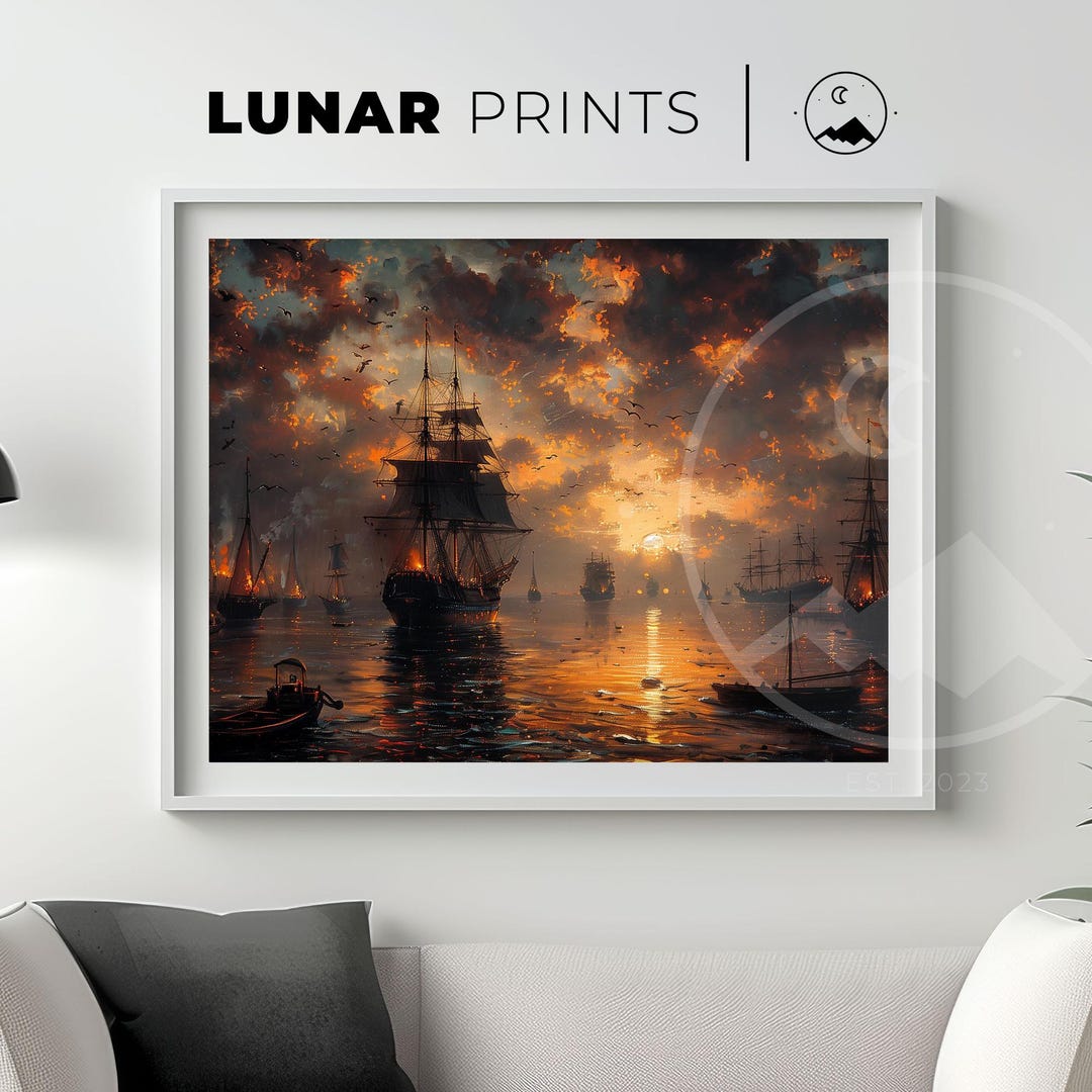 Sunset Harbor Art Print Nautical Decor Vintage Ship Print Coastal Wall ...