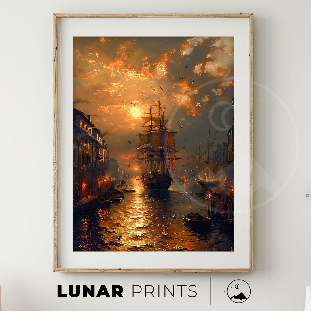 City Sunset Art Print | Nautical Decor Vintage Harbor Print | Sailing ...