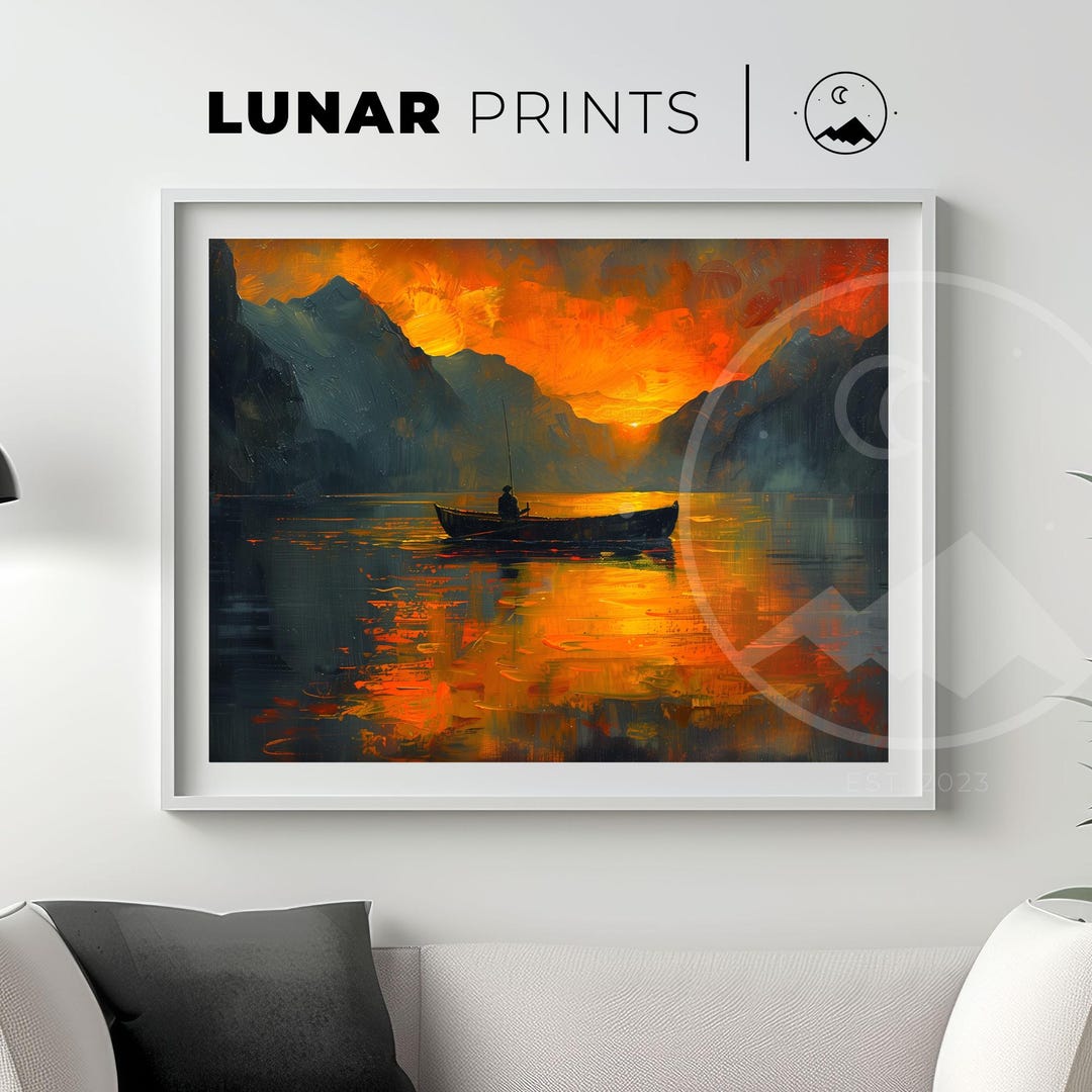 Golden Sunset Lake Art Print | Boat Fisherman Wall Art | Landscape ...
