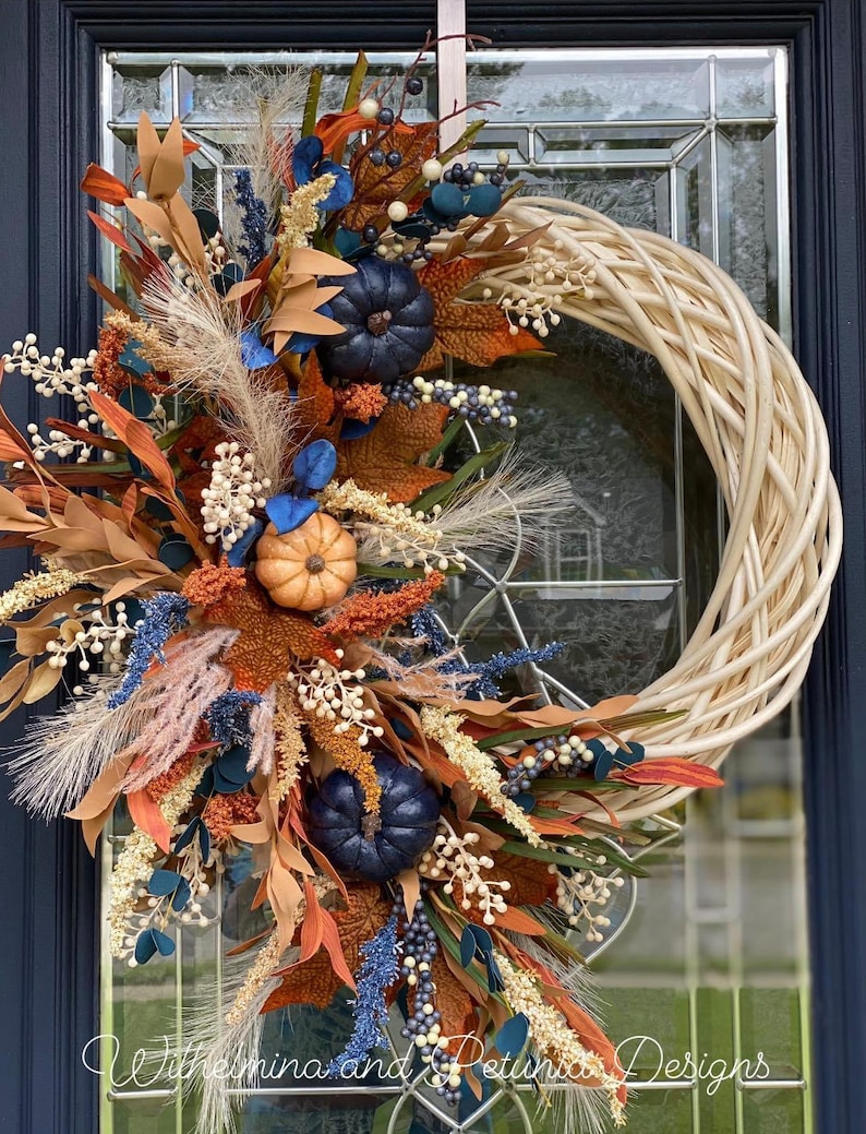 Fall Wreath, Willow Wreath, Farmhouse, Navy Pumpkins, Rust, Brown ...