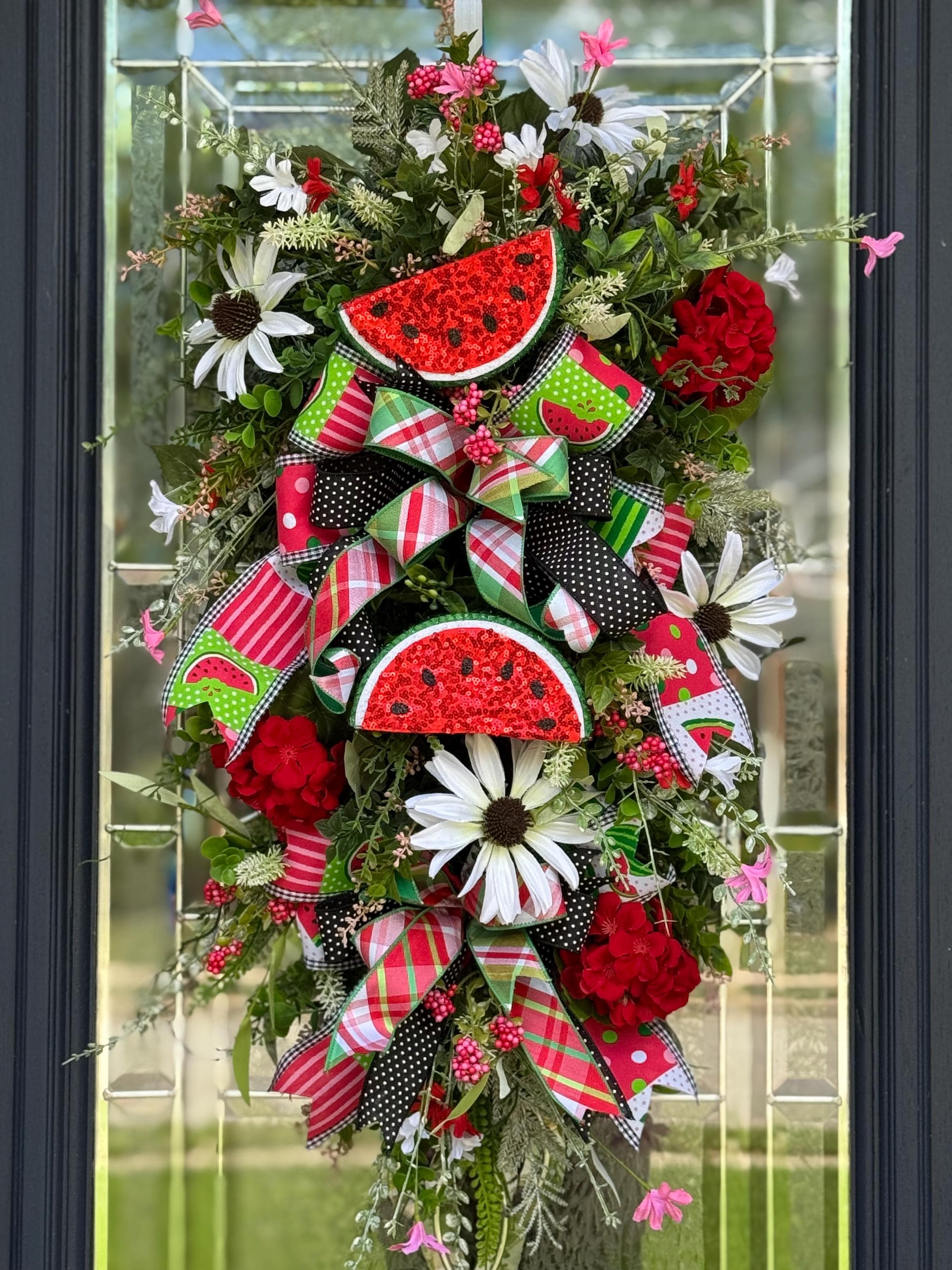 Summer, Watermelon Door Swag, Glitter Watermelon Slices, Red Geraniums ...
