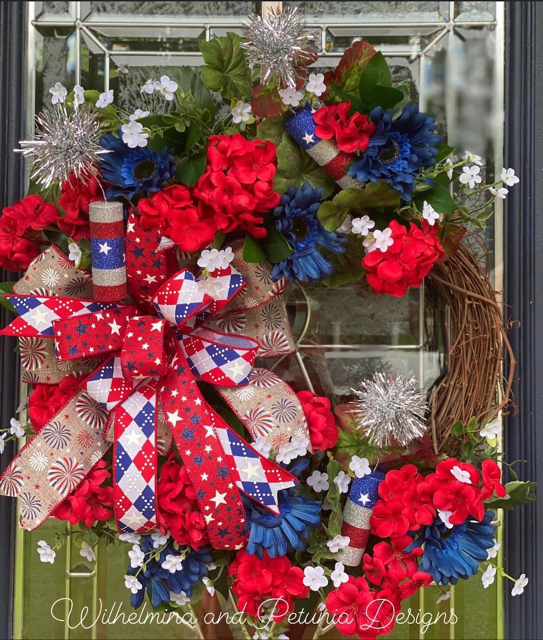 Patriotic Summer Wreath, Fireworks, Red Geraniums, White Forget Me Nots ...
