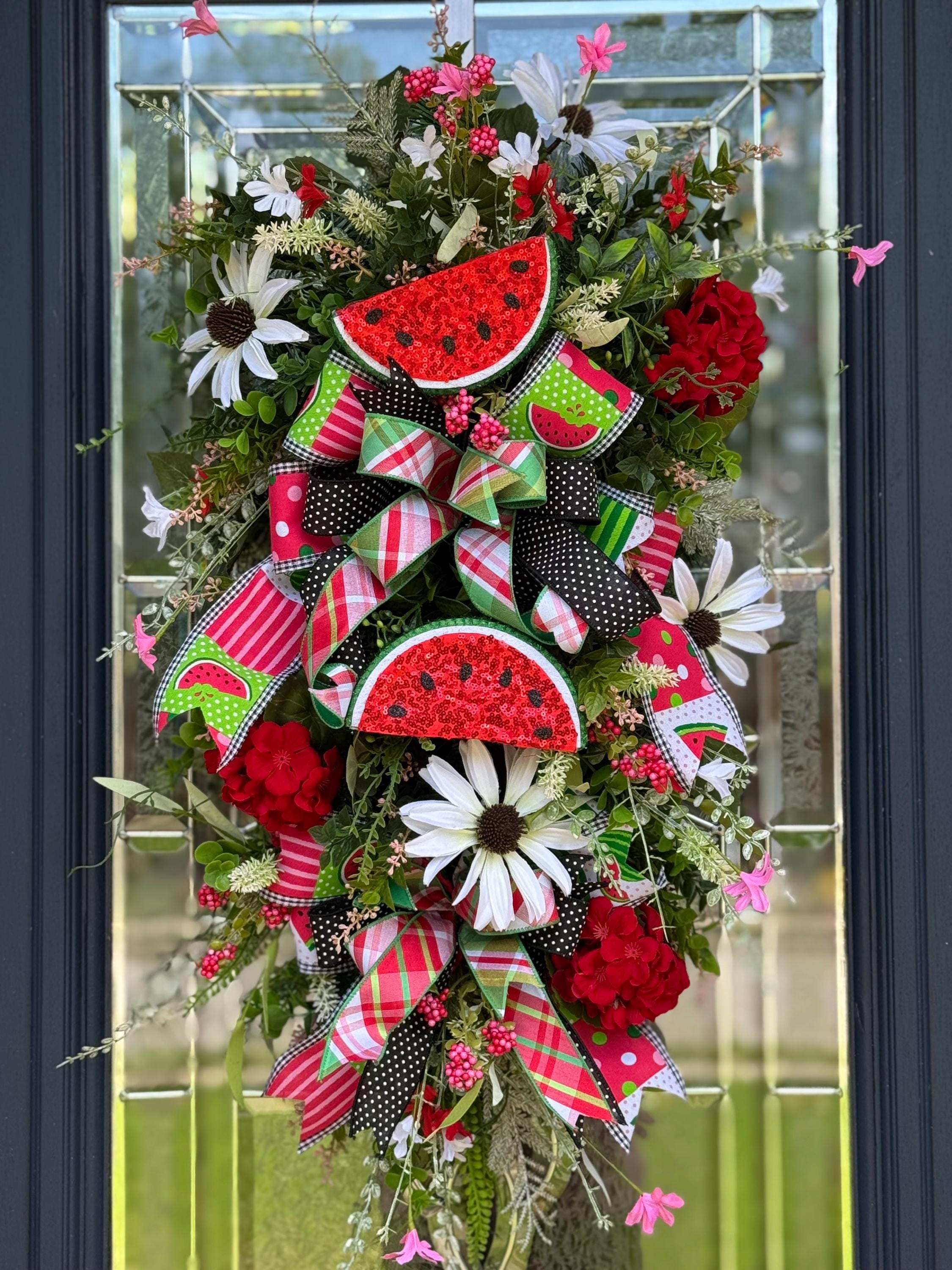 Summer, Watermelon Door Swag, Glitter Watermelon Slices, Red Geraniums ...