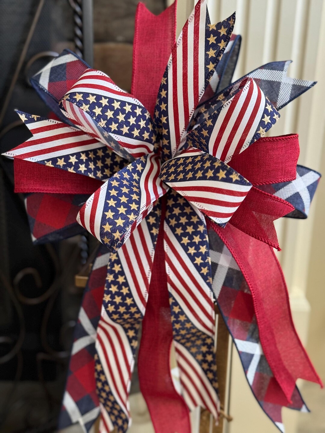 Summer, Patriotic Wreath Bow, Dark Red, Navy Blue, White, Gold Stars ...