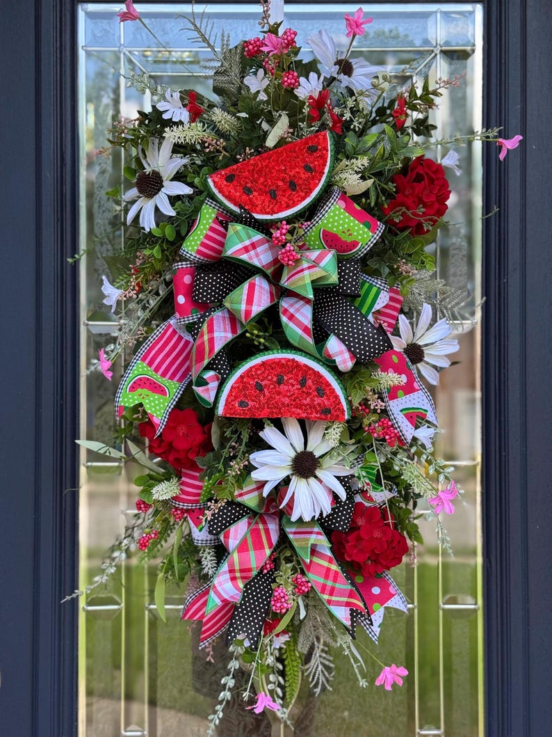 Summer, Watermelon Door Swag, Glitter Watermelon Slices, Red Geraniums ...
