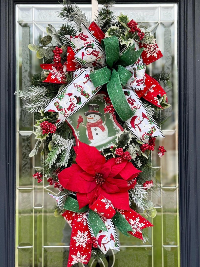 Christmas Wreath Swag for Front Door, Snowman, Red Poinsettia, Holiday ...