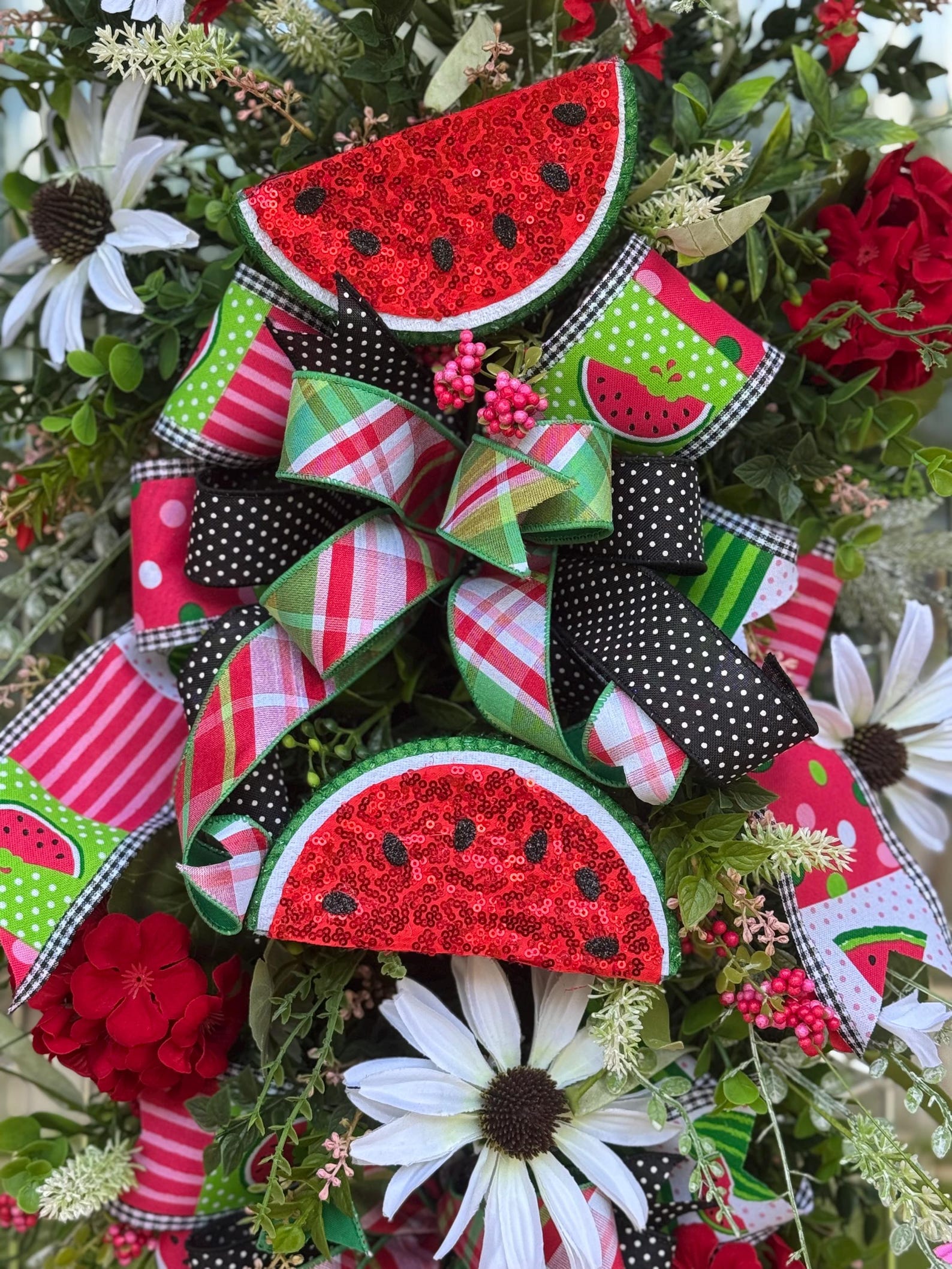 Summer, Watermelon Door Swag, Glitter Watermelon Slices, Red Geraniums ...