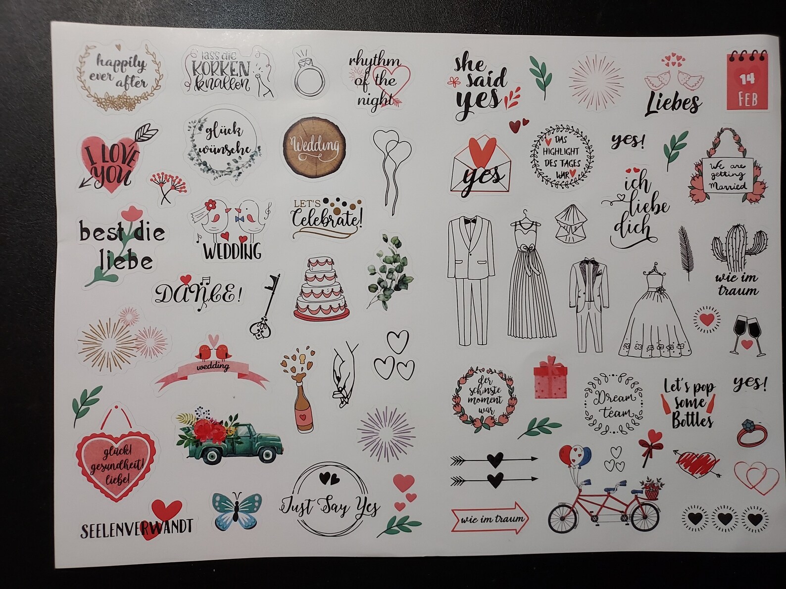 5 Sheets, Over 225 Mini Stickers Wedding Love English German Languages ...