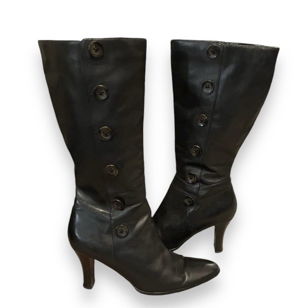 Iconic Vintage Italian High Heel Boots 100% Leather Buttons Along 90s ...