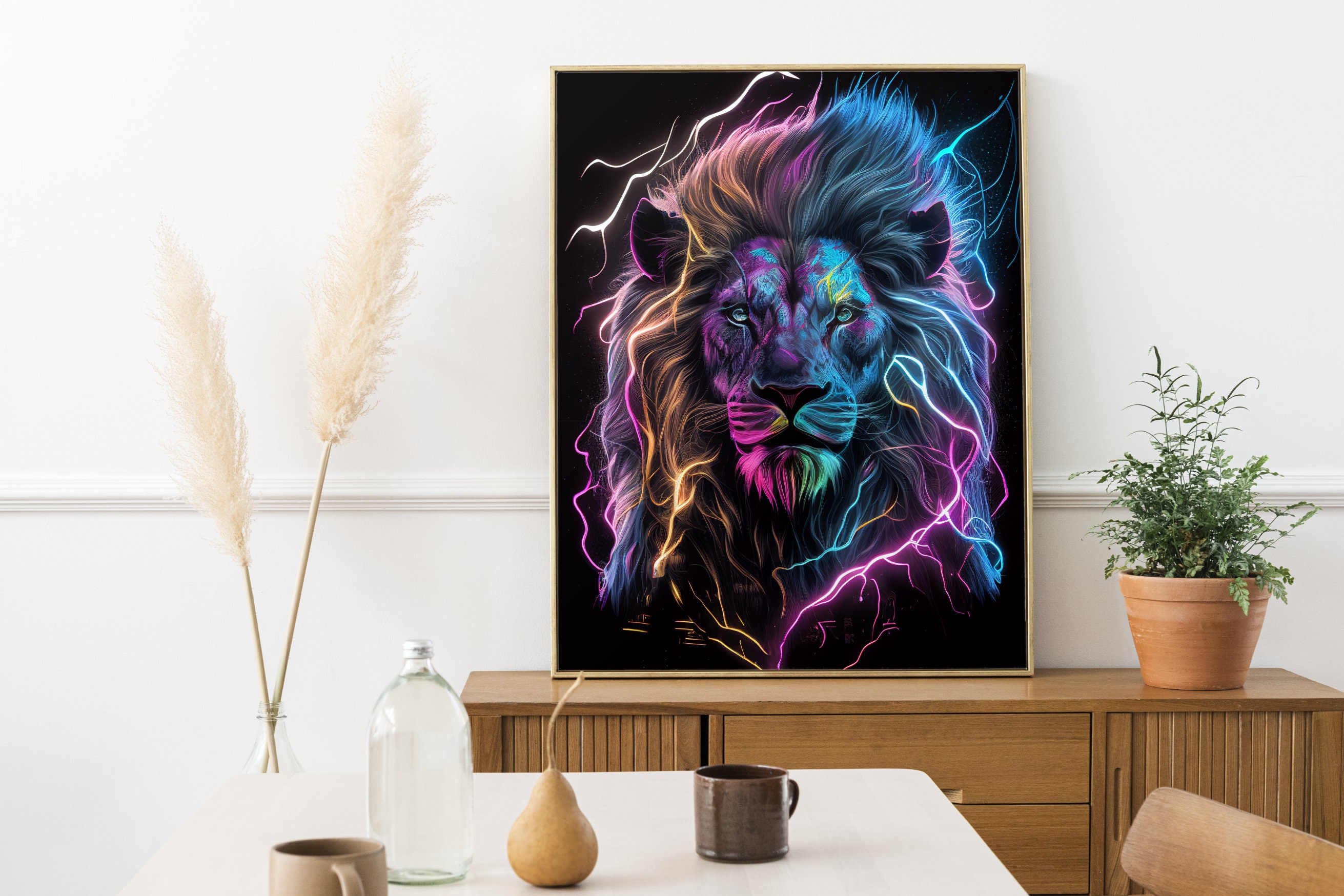 Neon Lion Digital Art - Printable Art - Digital Print - Colorful Animal ...