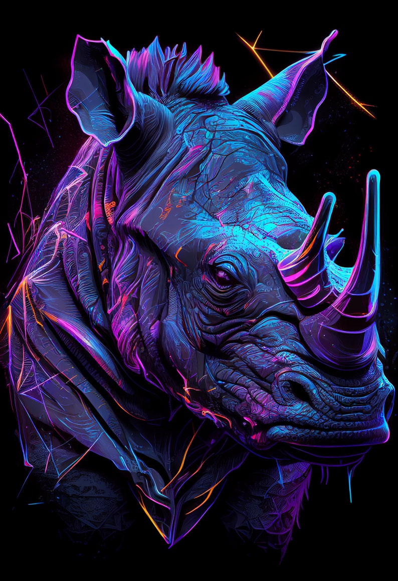 Neon Rhino Digital Print Printable Art Digital Prints Colorful Animal ...