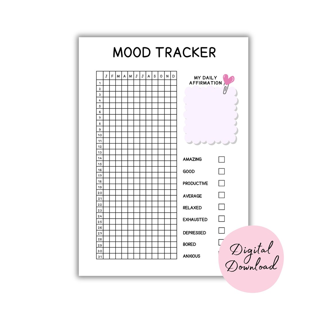 Yearly Mood Tracker Digital Pdf Download, Mental Health, Printable ...