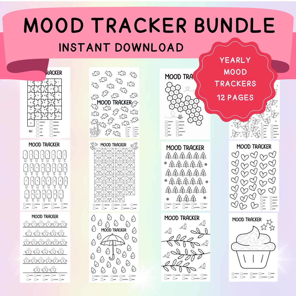 Yearly 12 Mood Tracker Bundle Digital Pdf Download, Mental Health, CBT ...