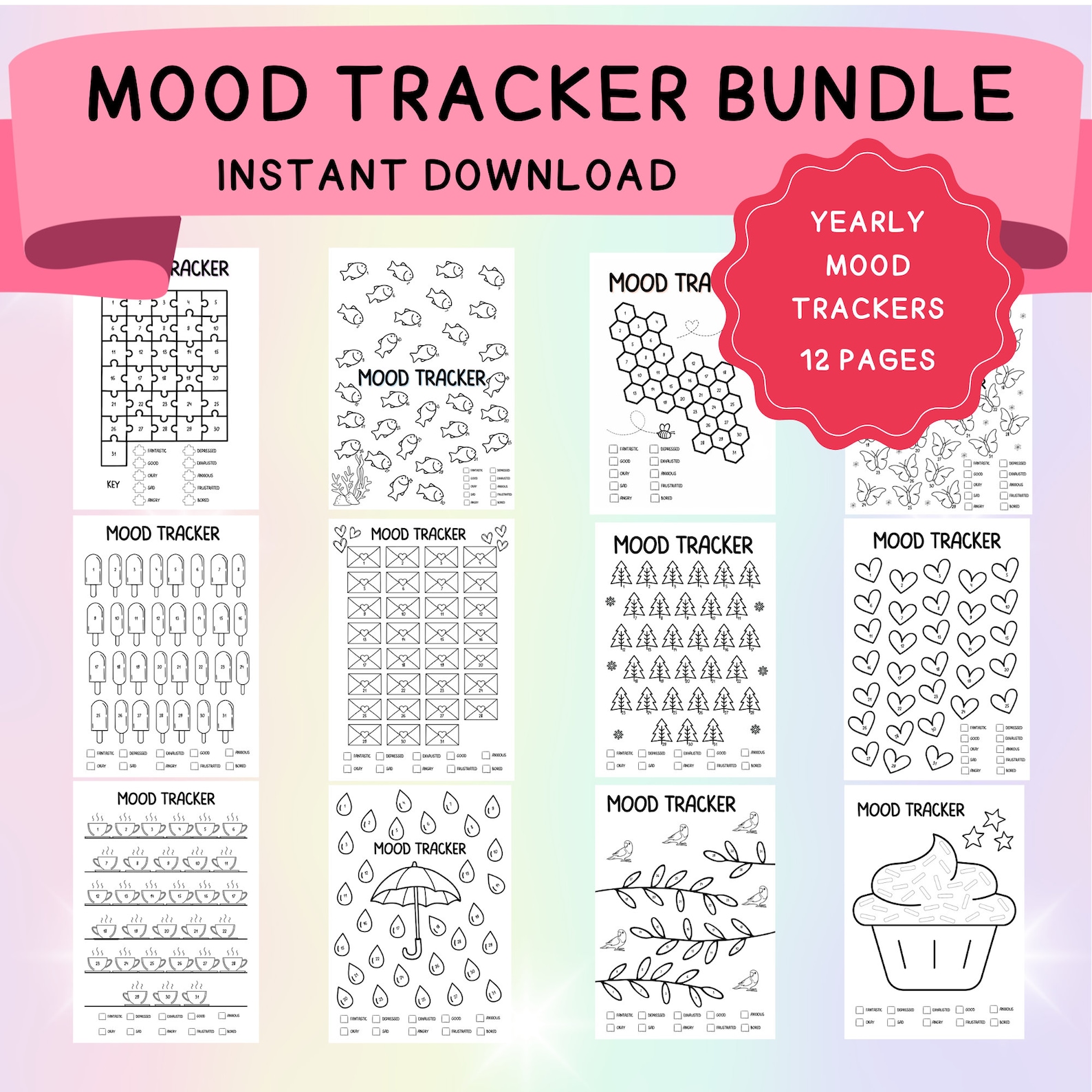 Yearly 12 Mood Tracker Bundle Digital Pdf Download, Mental Health, CBT ...