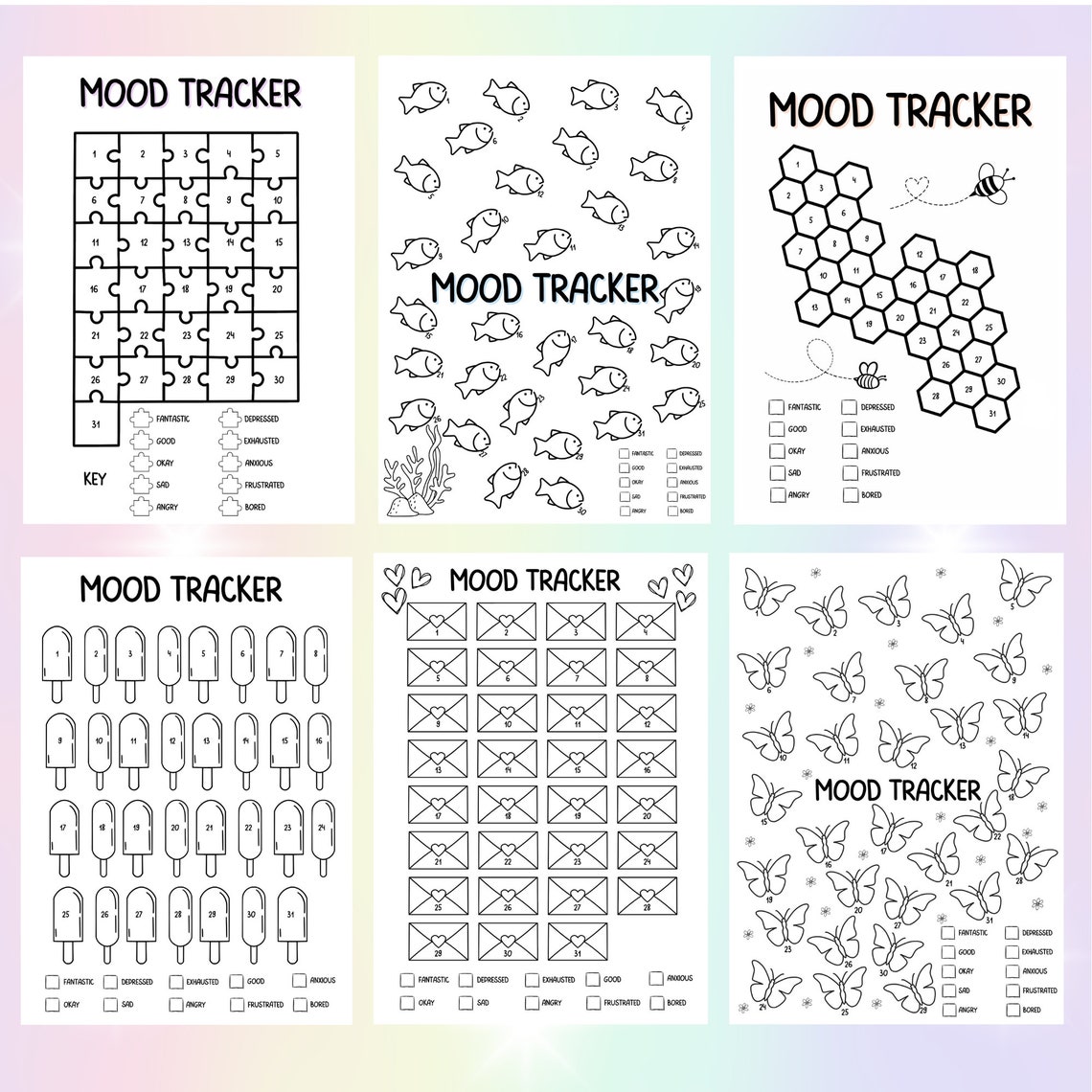Yearly 12 Mood Tracker Bundle Digital Pdf Download, Mental Health, CBT ...