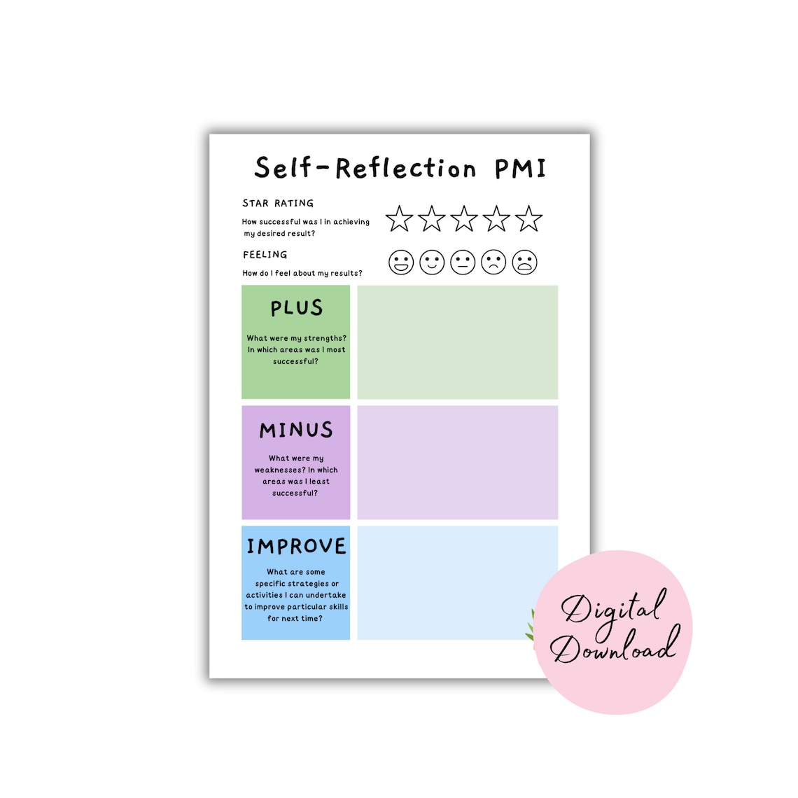 Self Reflection PMI Digital Pdf Download, Mental Health Worksheet ...