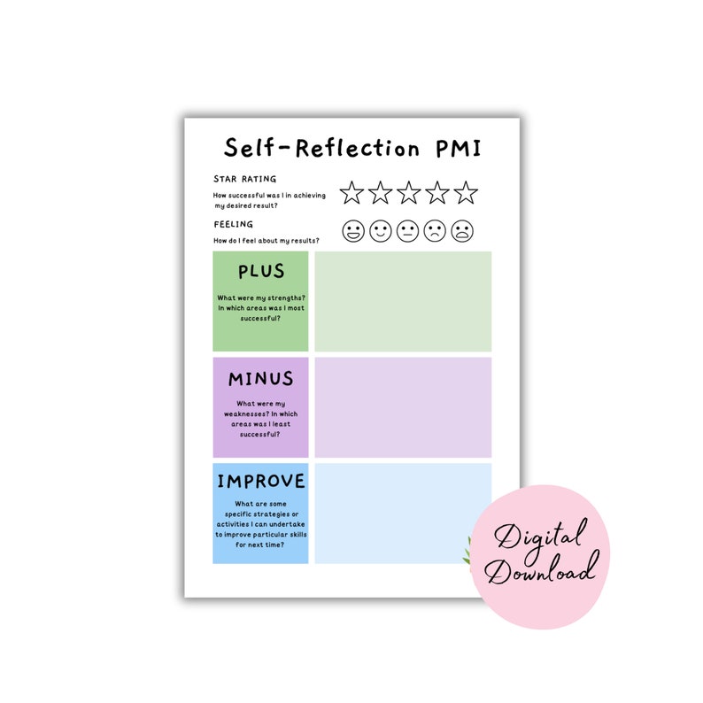 Self Reflection PMI Digital Pdf Download, Mental Health Worksheet, Printable Worksheet, Journal ...