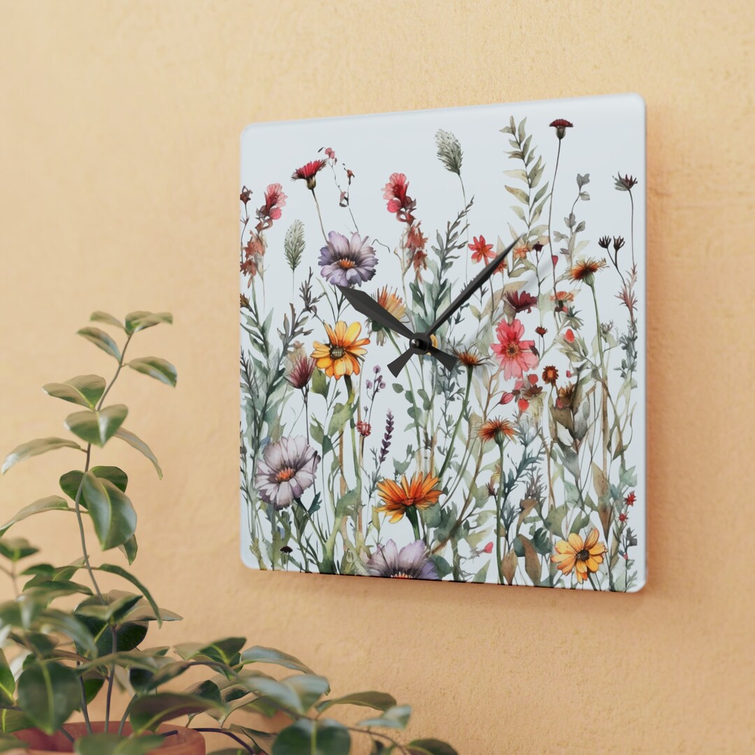 Wildflower Art Acrylic Wall Clock, Country Floral Timepiece, Unique ...