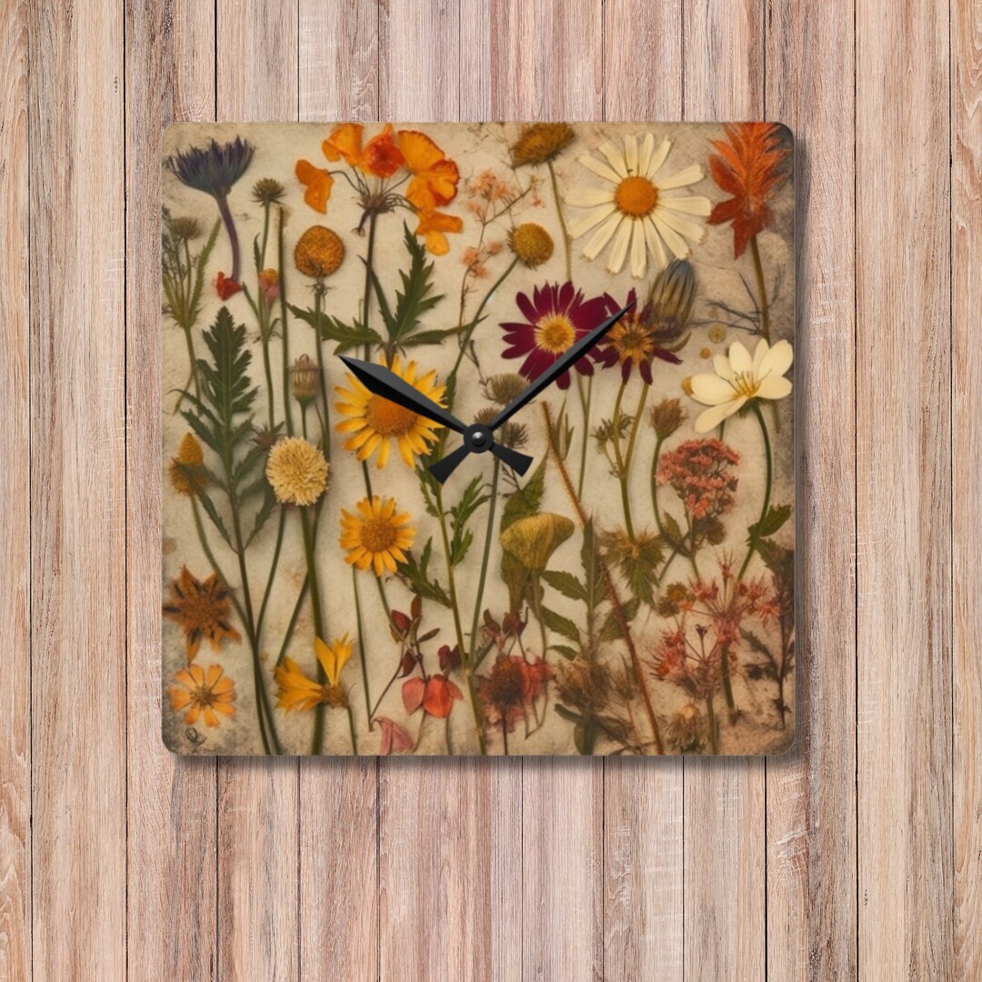 Vintage Pressed Wildflower Print Wall Clock, Cottage Core Pressed ...