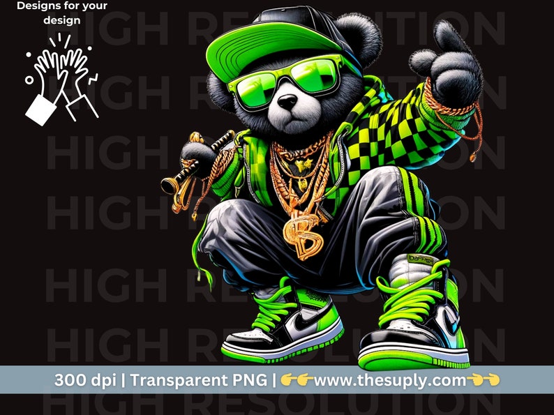 Graffiti Neon Cool Teddy PNG, Cartoon Rap Bear, Digital Download ...