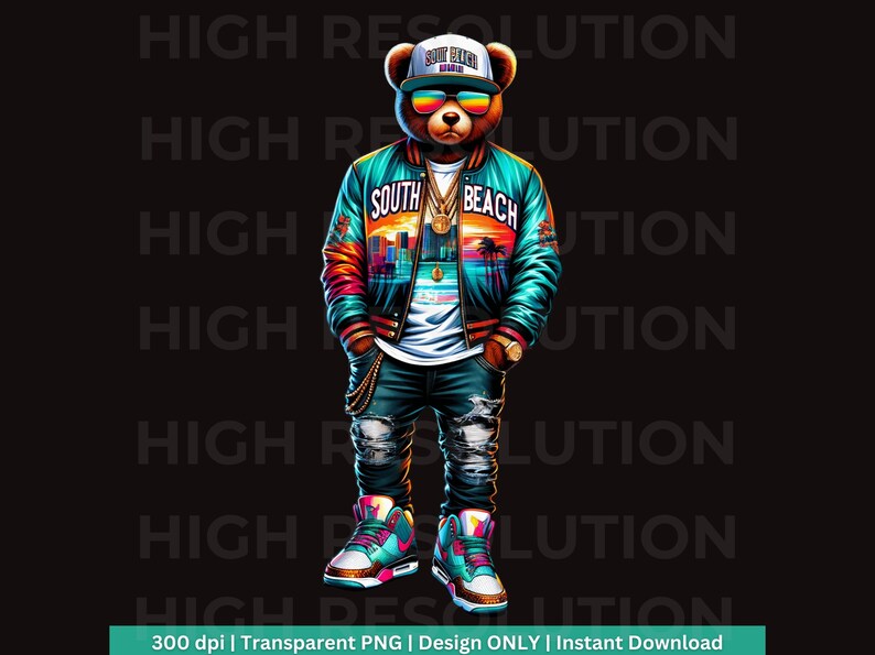 South Beach Miami Bear Png, Hip Hop Graffiti Teddy, Digital Download ...