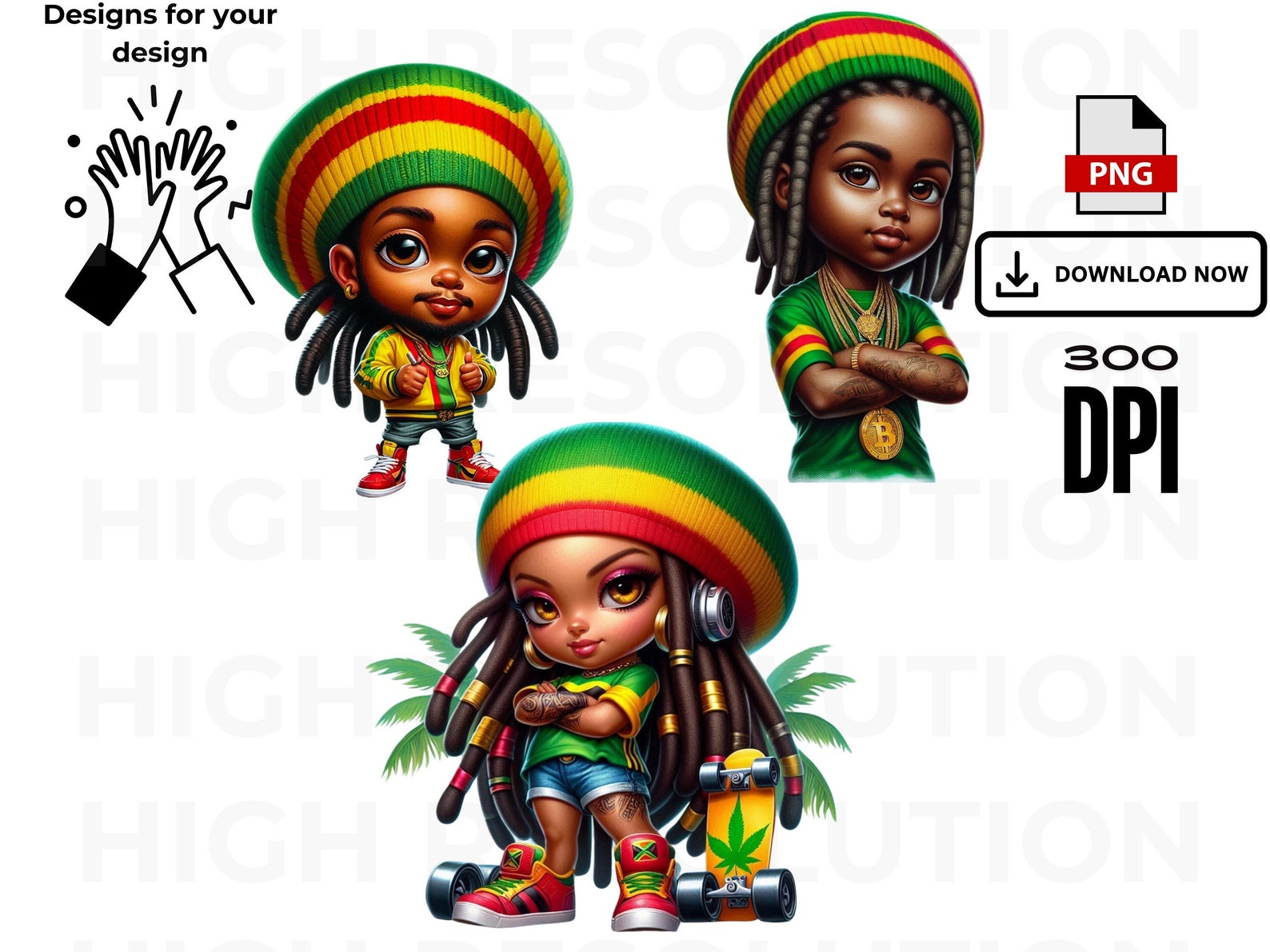 Rasta Bundle PNG, Cartoon Jamaican Teens, Digital Download, Jamaica ...