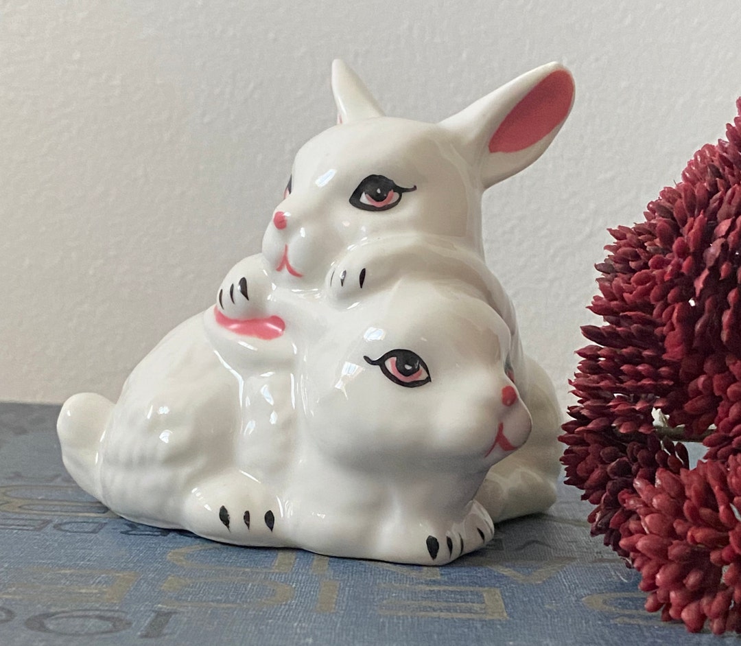 2 Vintage White Porcelain Rabbits Bunnies Cute Hugging Hand-painted ...