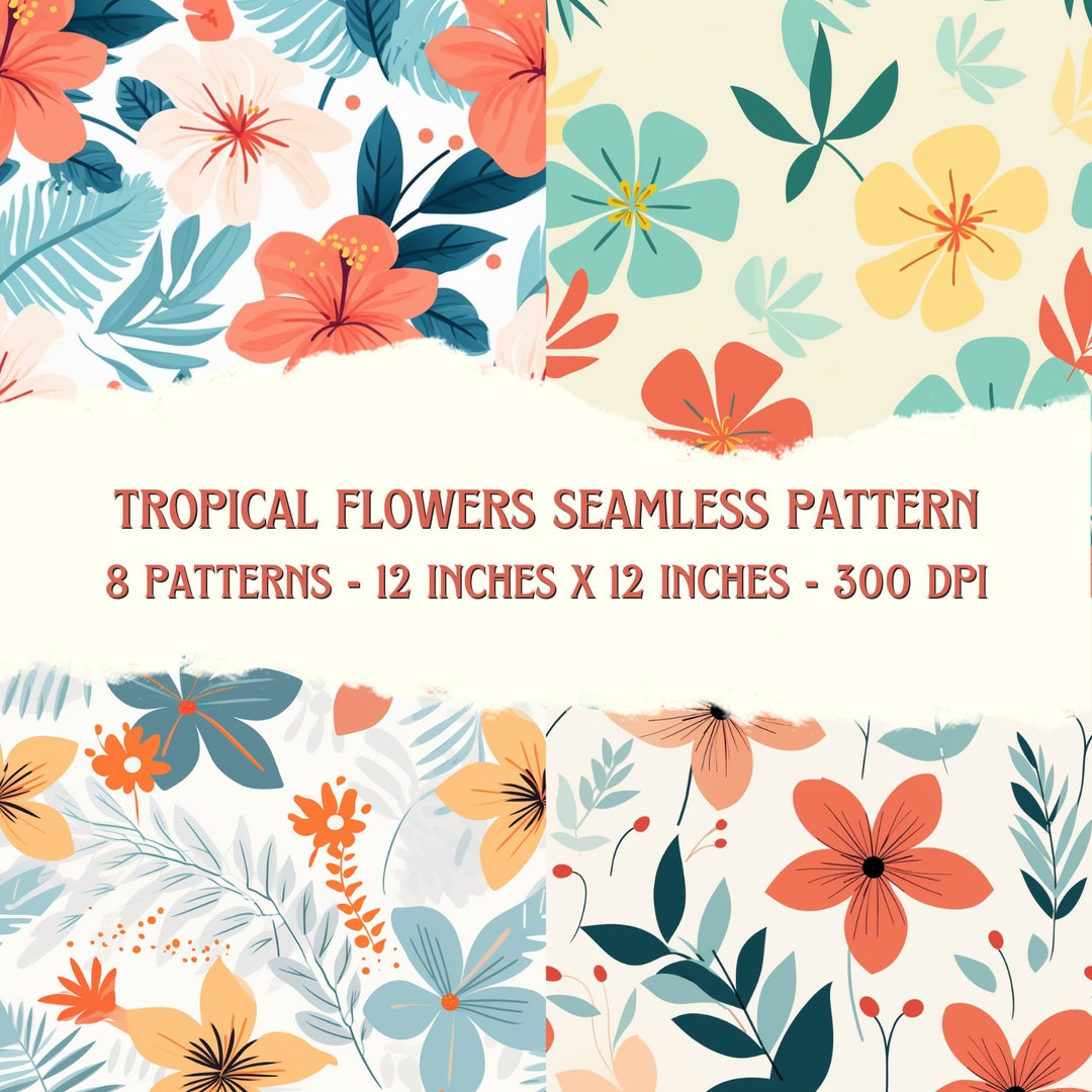 8 Tropical Flowers Digital Paper, Tropical Flowers Seamless Pattern ...