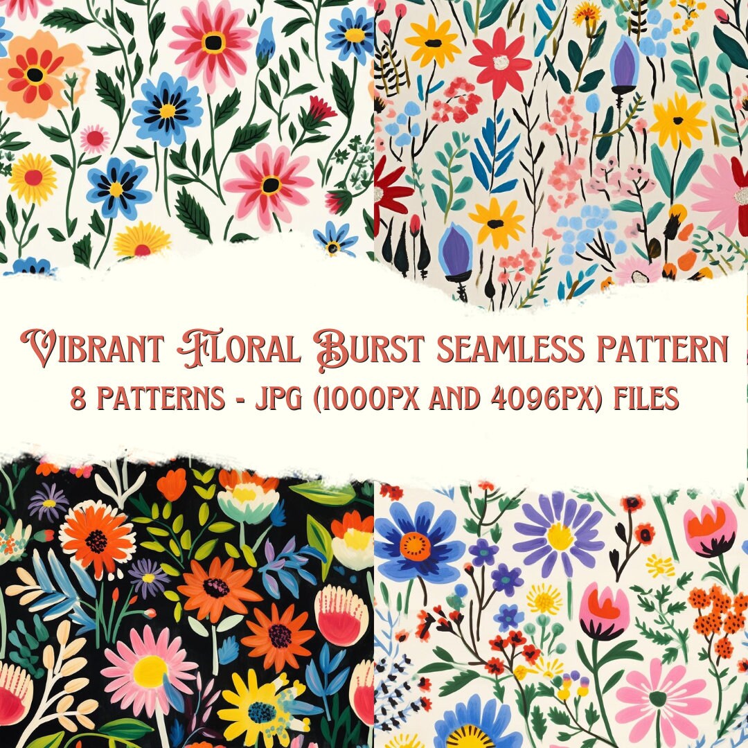 8 Vibrant Floral Burst SEAMLESS PATTERN - Spring Vibrant Floral Burst ...