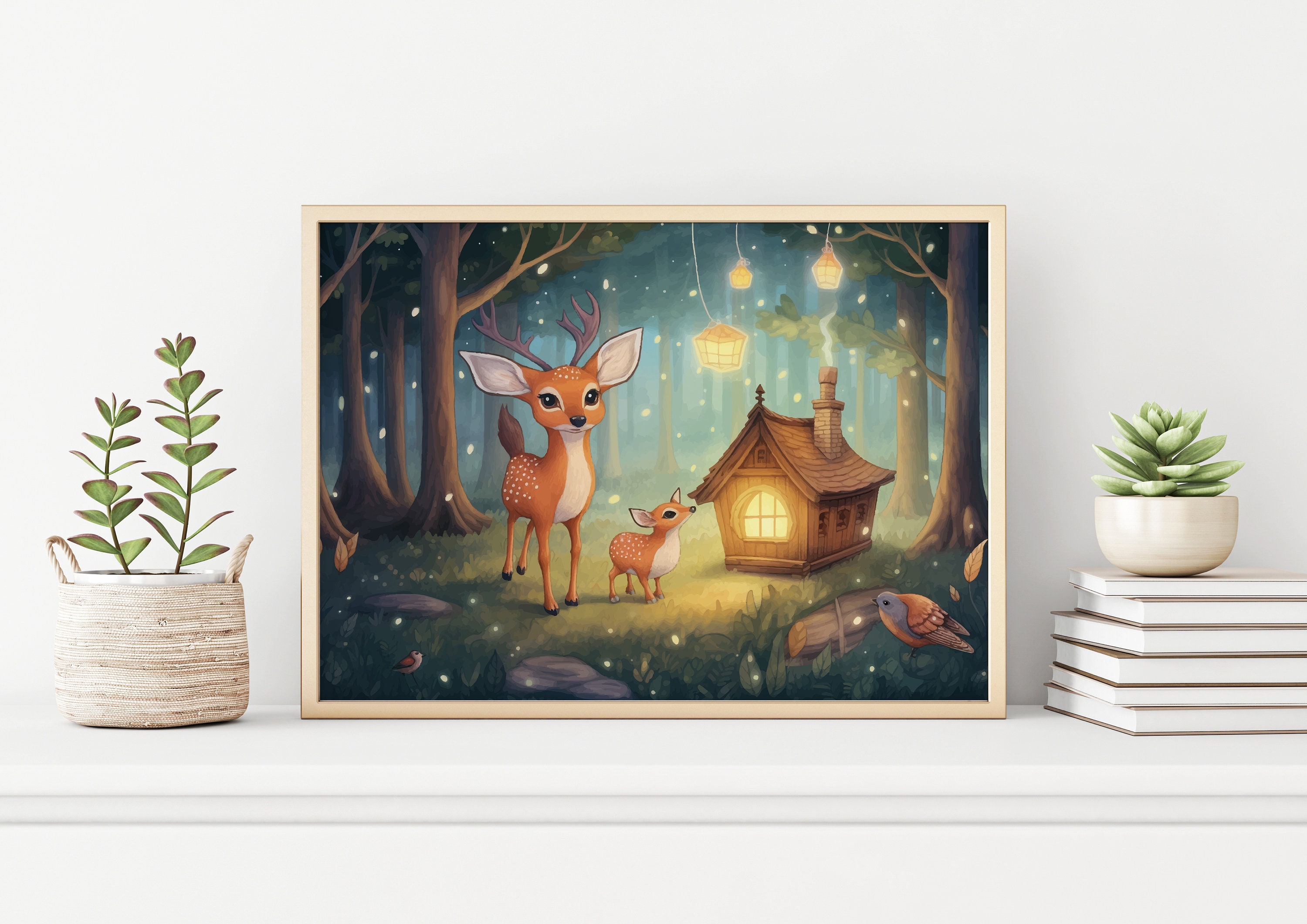 Whimsical Deer and Fawn Illustration in Enchanted Forest for Nursery ...