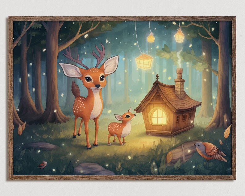 Whimsical Deer and Fawn Illustration in Enchanted Forest for Nursery ...